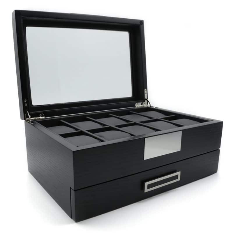 WOODEN 10-SLOT WATCH BOX WITH DRAWER - PIANO BLACK - WATCH DISPLAY BOX